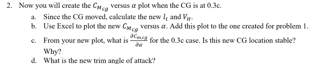2. Now you will create the CMcg versus α plot when the CG is at 0.3c. a ...