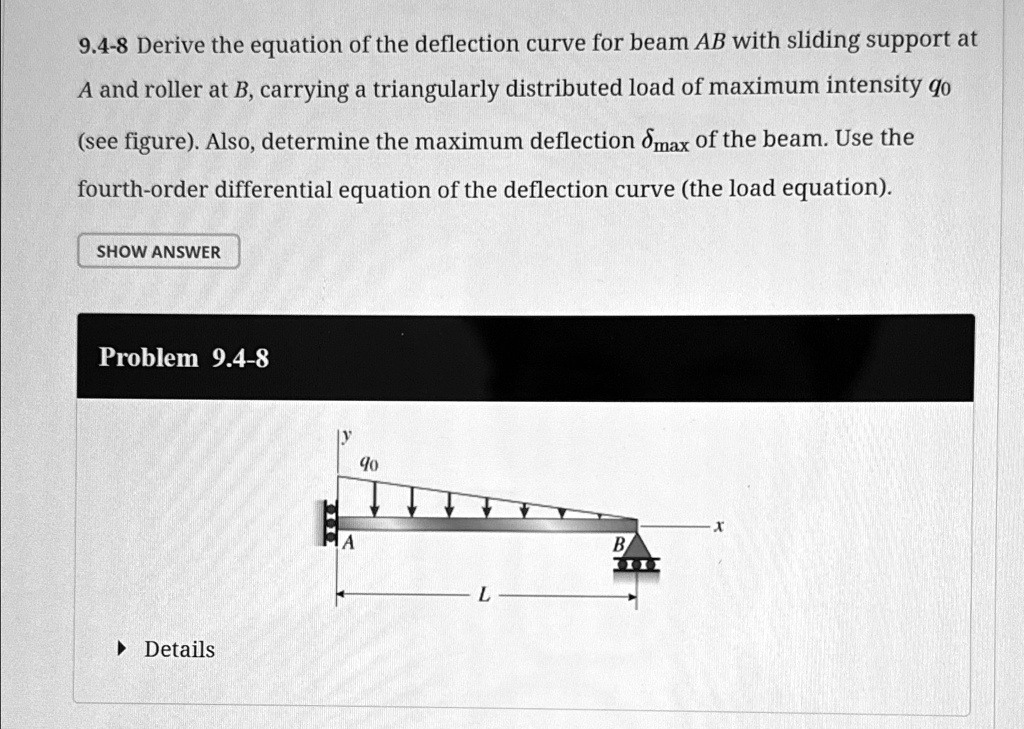 94 8 derive the equation of the deflection curve for beam ab with sliding support at a and ...