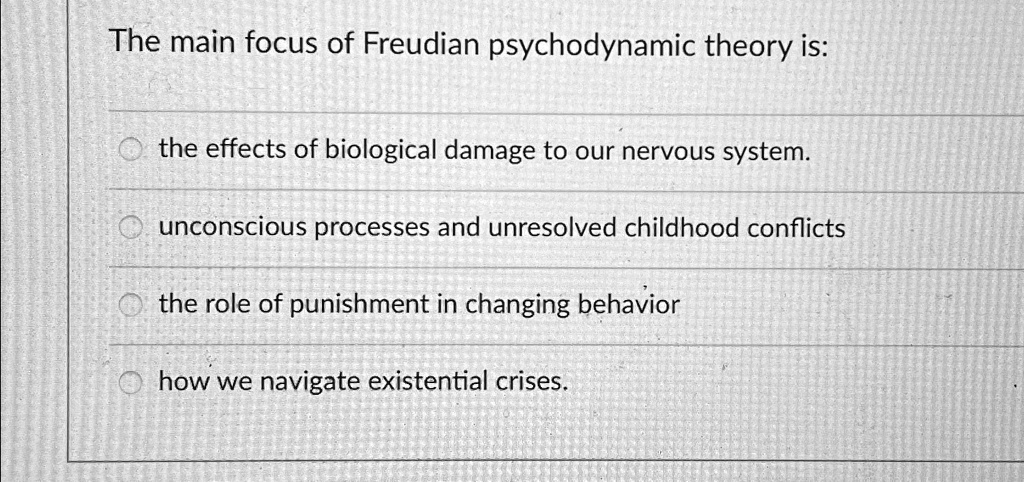 The main focus of Freudian psychodynamic theory is: the effects of ...