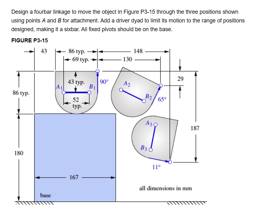 SOLVED: Design a four-bar linkage to move the object in Figure P3-15 through the three positions ...