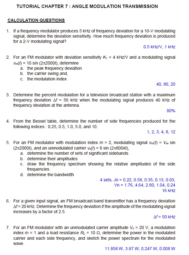 tutorialchapter 7 angle modulation transmission calculation questions 1 if a frequency modulator ...