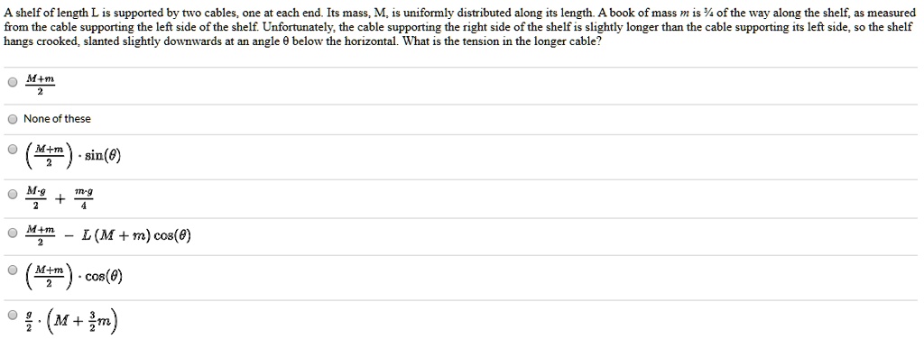 SOLVED: A shelf of length L is supported by two cables; each end. Its ...