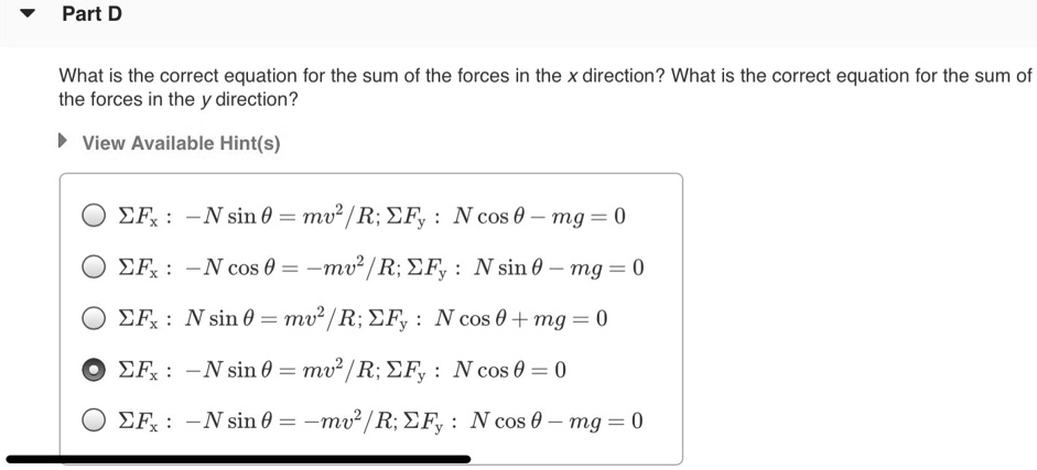 part d what is the correct equation for the sum of the forces in the x direction what is the ...