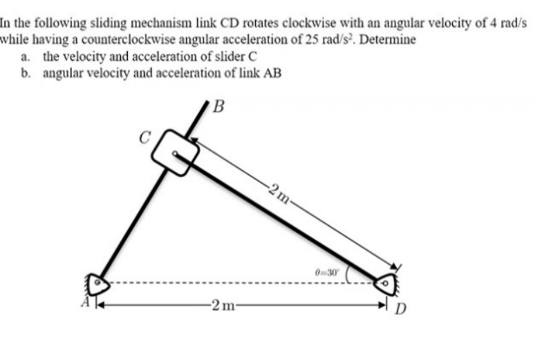 SOLVED: In the following sliding mechanism link CD rotates clockwise ...