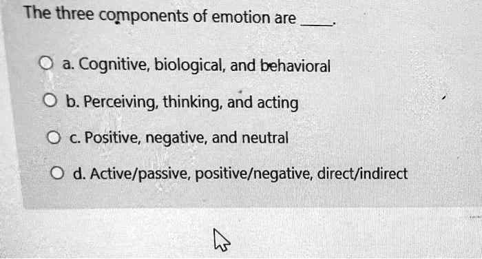 SOLVED: The three components of emotion are: a. Cognitive, biological ...