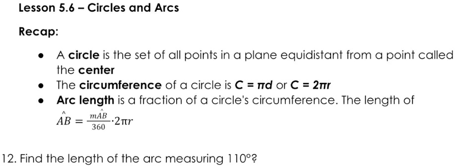 lesson 56 circles and arcs recap a circle is the set of all points in ...