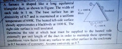 a furnace is shaped like a long equilateral triangular duct as shown in ...