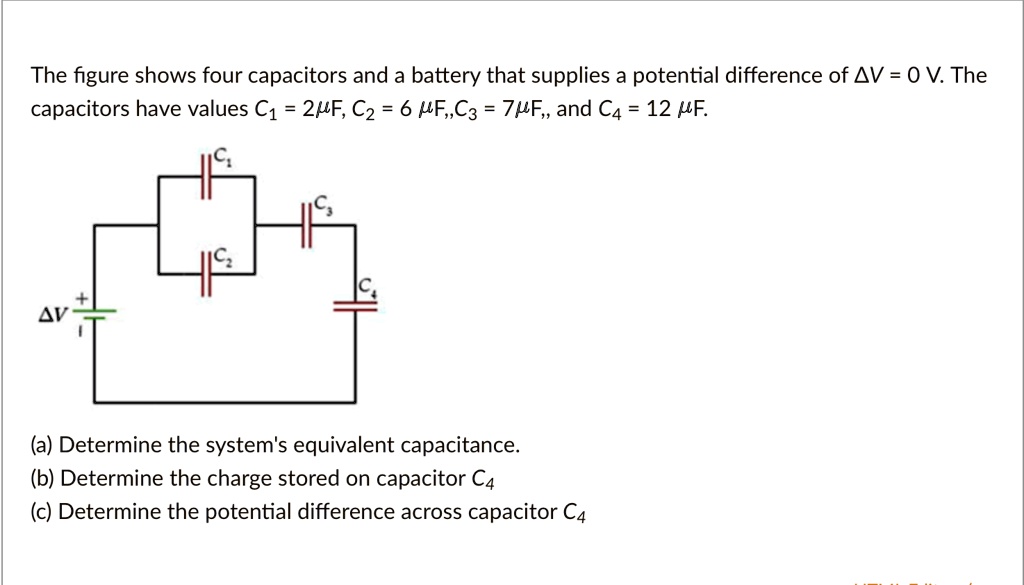 the figure shows four capacitors and a battery that supplies a potential difference of av 0 v ...