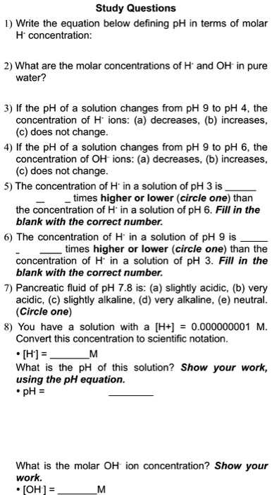 study questions 1 write the equation below defining ph in terms of ...