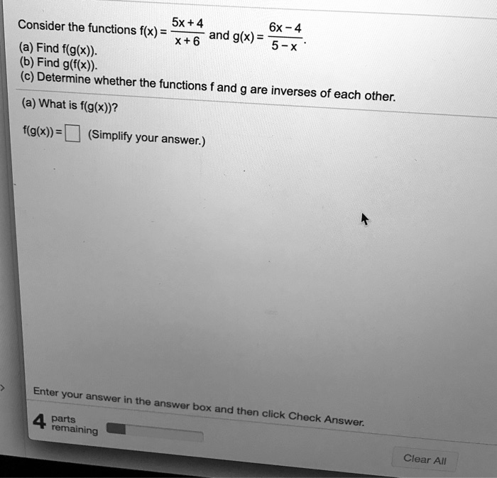 consider the functions fx sx4 6x 4 x6 and gx a find fgx 5 x b find gfx ...