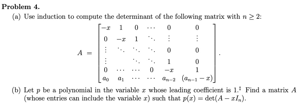 SOLVED:Problem 4. (a) Use induction to compute the determinant of the ...