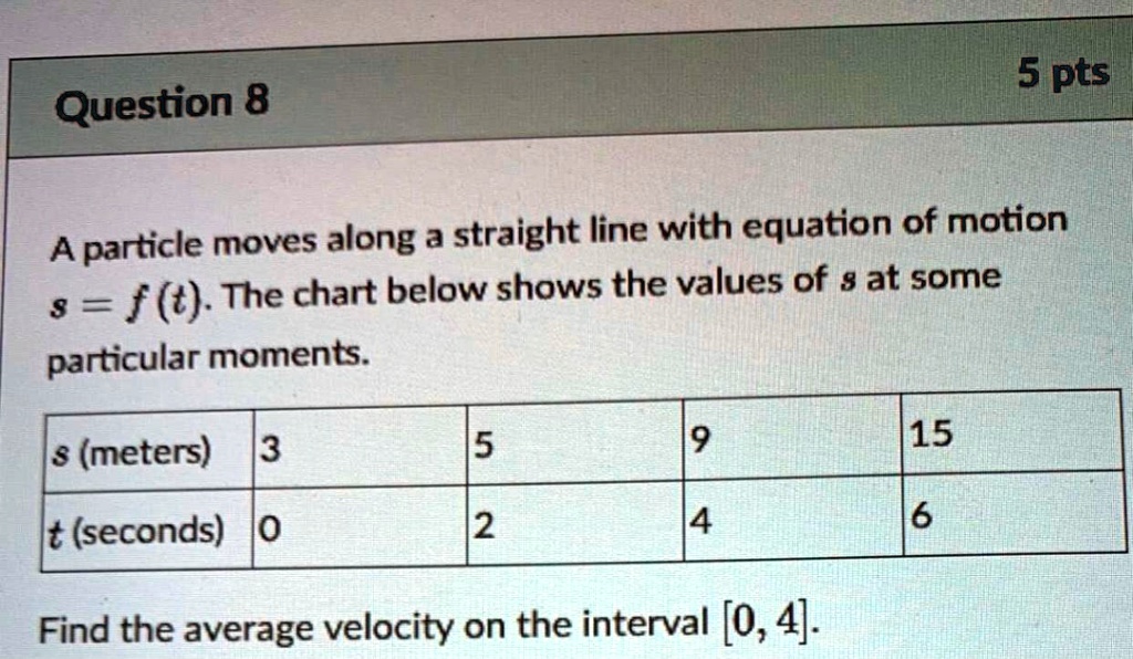 SOLVED: 5 pts Question 8 A particle moves along a straight line with ...