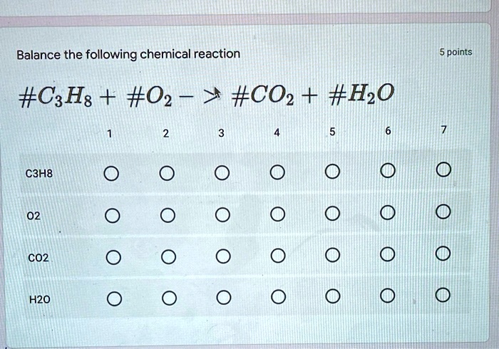 SOLVED: Balance the following chemical reaction: C3H8 + 5O2 - 3CO2 + 4H2O
