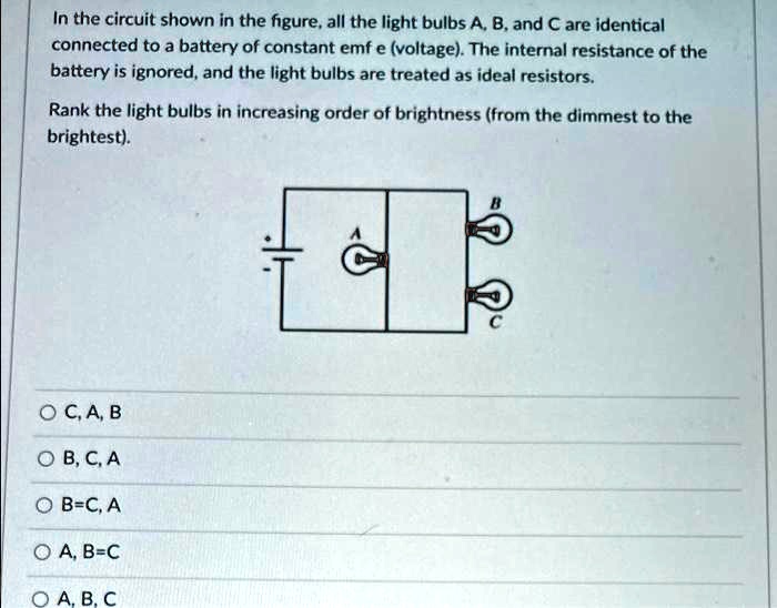 In the circuit shown in the figure; all the light bulbs A B,and C are ...
