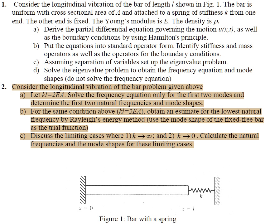 SOLVED: Consider the longitudinal vibration of the bar oflength / shown in Fig.l.The bar is ...