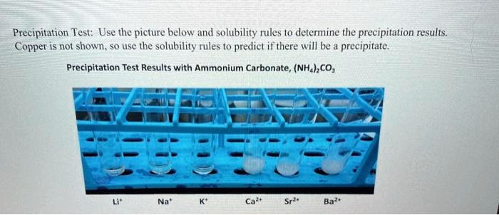 SOLVED: Precipitation Test: Use the picture below and solubility rules ...