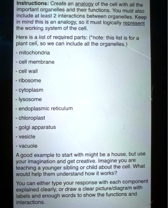 SOLVED: Instructions: Create an analogy of the cell with all the ...