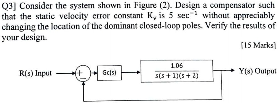SOLVED: Q3] Consider the system shown in Figure (2). Design compensator ...