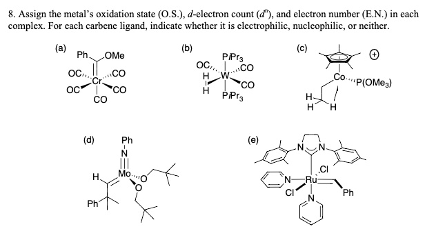 SOLVED: Assign the metal's oxidation state (O.S.), d-electron count (d ... SOLVED: Assign the metal's oxidation state (O.S.), d-electron count (d ...