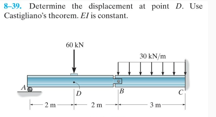 8-39. Determine the displacement at point D. Use Castigliano's theorem. EI is constant.