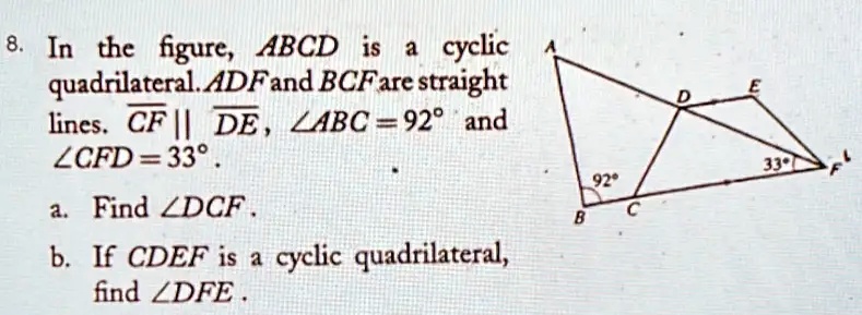 8. In the figure, ABCD is a cyclic quadrilateral. ADF and BCF are ...