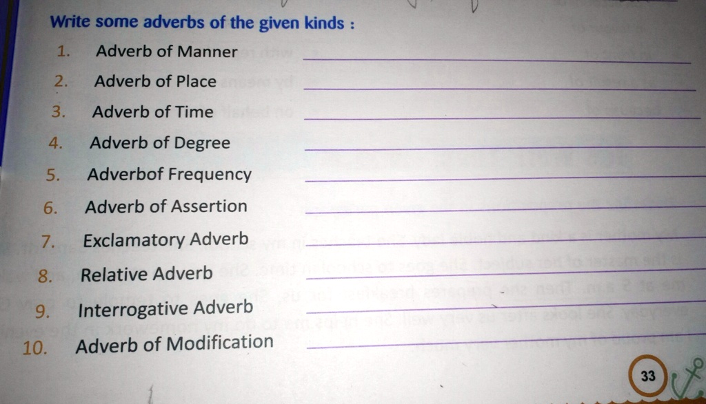 SOLVED: Write some adverbs of the given kinds: 1. Adverb of Manner 2 ...