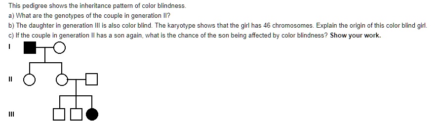 SOLVED: This pedigree shows the inheritance pattern of color blindness ...