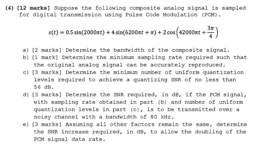 SOLVED: 4) [i2 marks] Suppose the following composite analog signal is sampled for digital ...