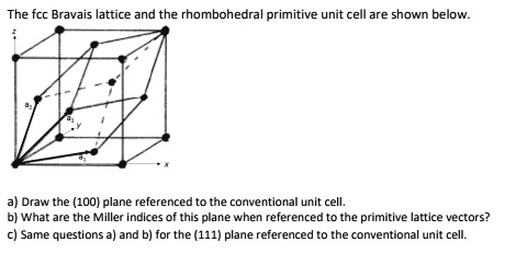 The fcc Bravais lattice and the rhombohedral primitive unit cell are shown below. a) Draw the ...