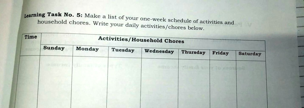 Learning Task No. 5: Make a list of your one-week schedule of activities and household chores ...