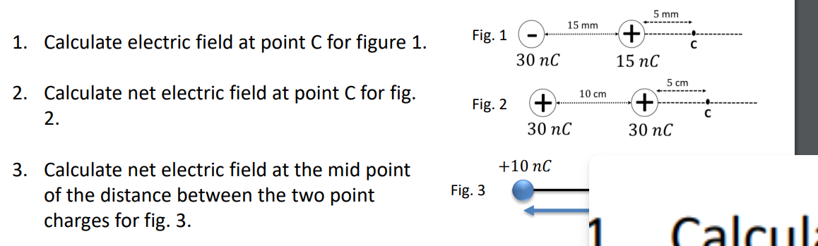 1. Calculate electric field at point C for figure 1. 2. Calculate net electric field at point C ...