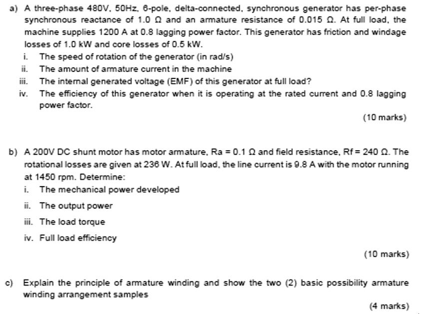 subject electrical power and machines a a three phase 480v 50hz 6 pole delta connected ...