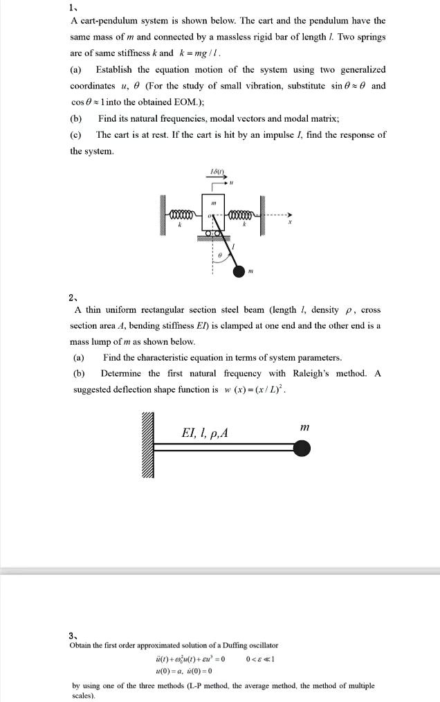 1 a cart pendulum system is shown bclow the cart and the pendulum have ...