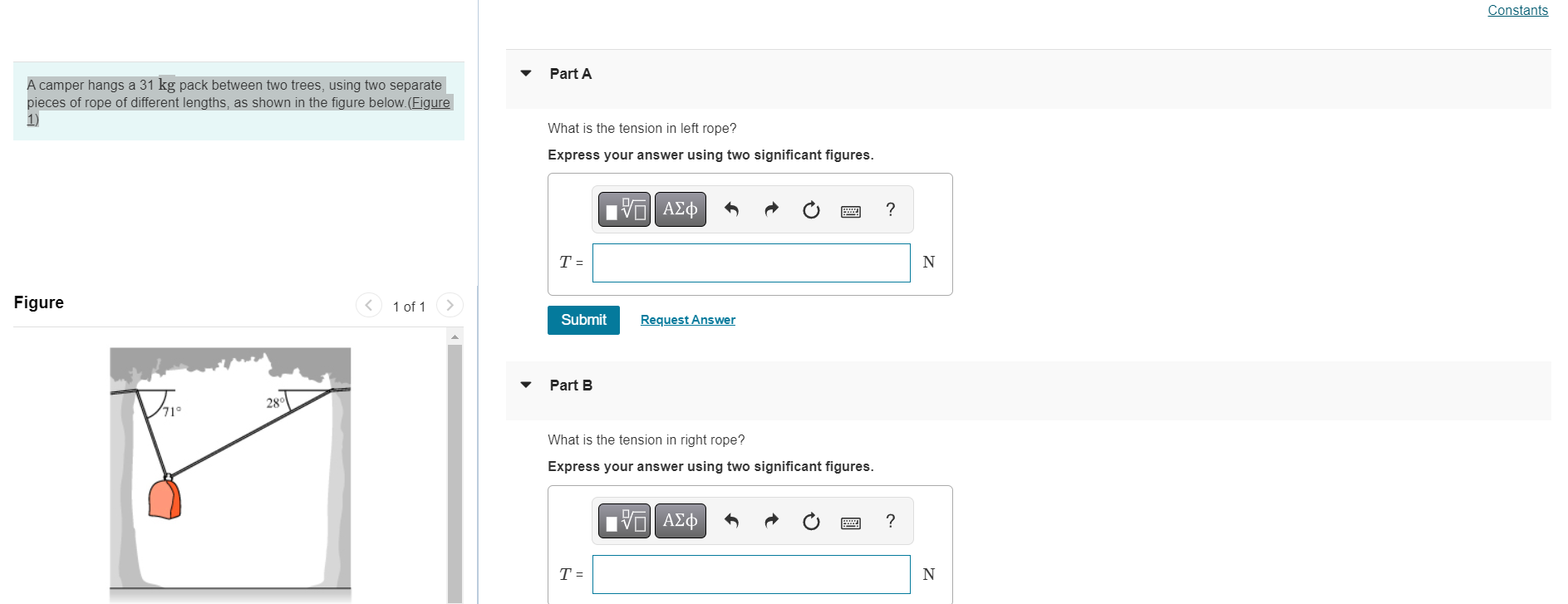 SOLVED: Constants Figure Submit Request Answer Part B What is the tension in right rope? Express ...