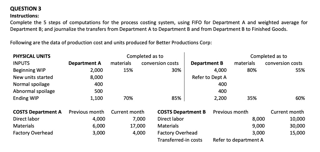 SOLVED: QUESTION 3 Instructions: Complete the 5 steps of computations for the process costing ...