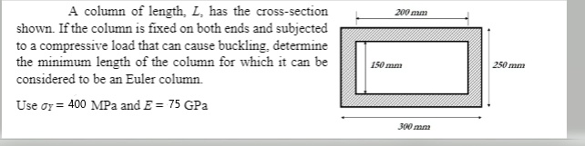 A column of length, L, has the cross-section shown. If the column is ...