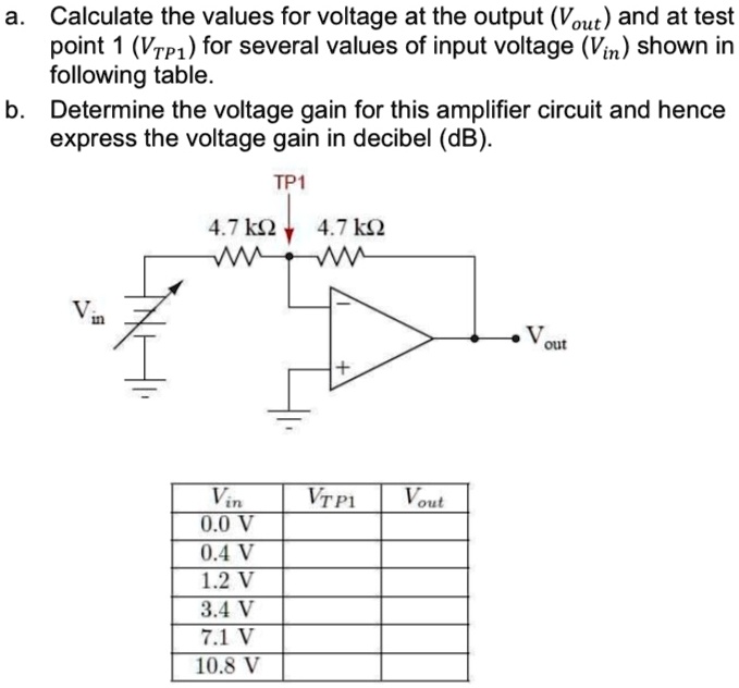 a calculate the values for voltage at the output vout and at test point ...