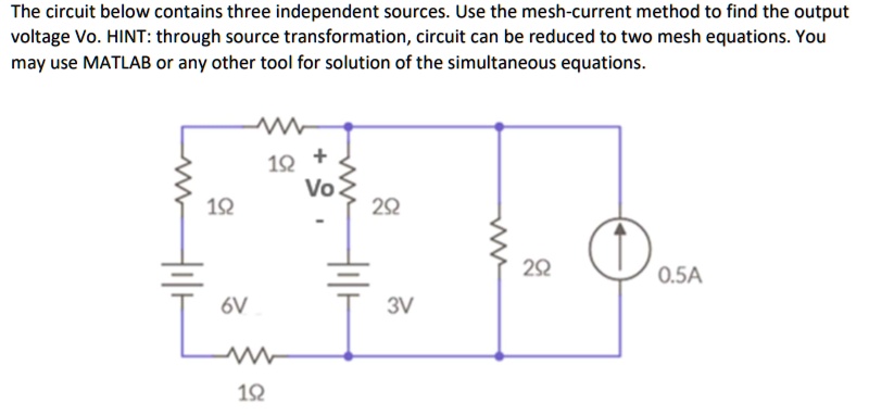 SOLVED: The circuit below contains three independent sources: Use the mesh-current method to ...