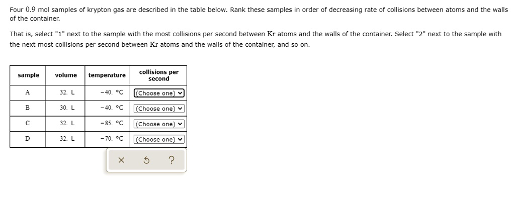 SOLVED: Four 0.9 mol samples of krypton gas are described in the table below: Rank these samples ...