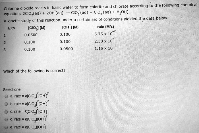 SOLVED: Chlorine dioxide reacts in basic water to form chlorite and ...