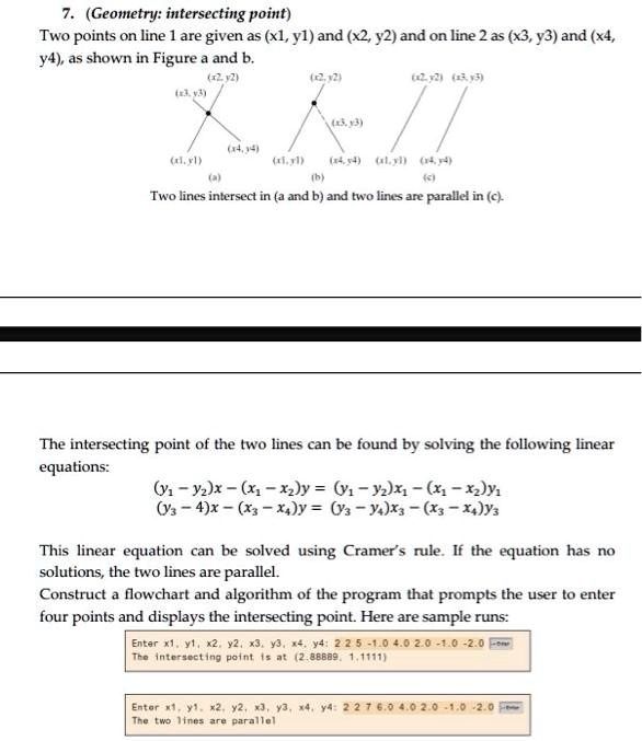 7. (Geometry: intersecting point) Two points on line 1 are given as (x1, y1) and (x2, y2) and on ...