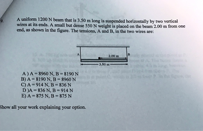 SOLVED: A uniform 1200 N beam that is 3.50 m long is suspended ...