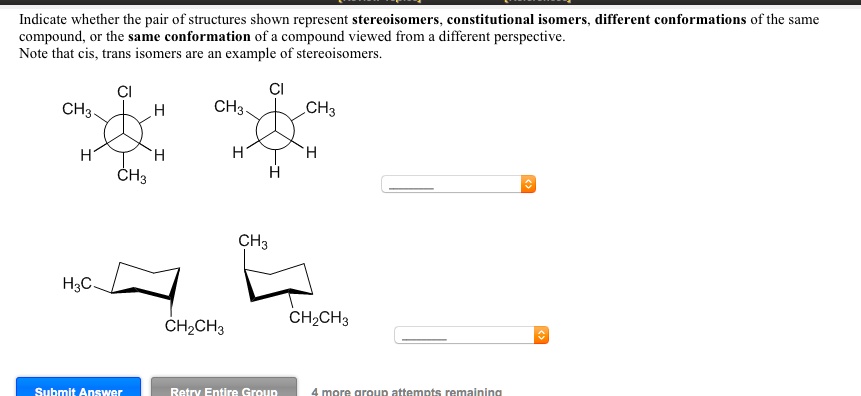 SOLVED: Indicate whether the pair of structures shown represent stereoisomers. constitutional ...