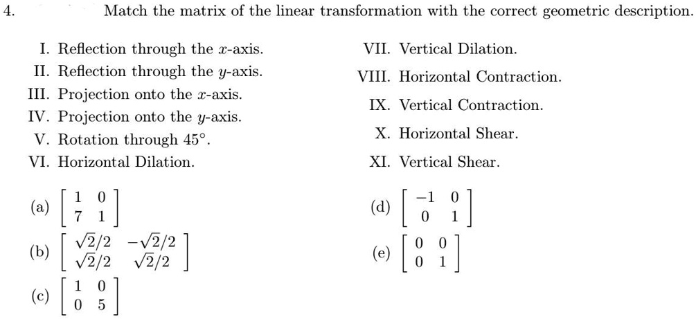 SOLVED:Match the matrix of the linear transformation with the correct ...