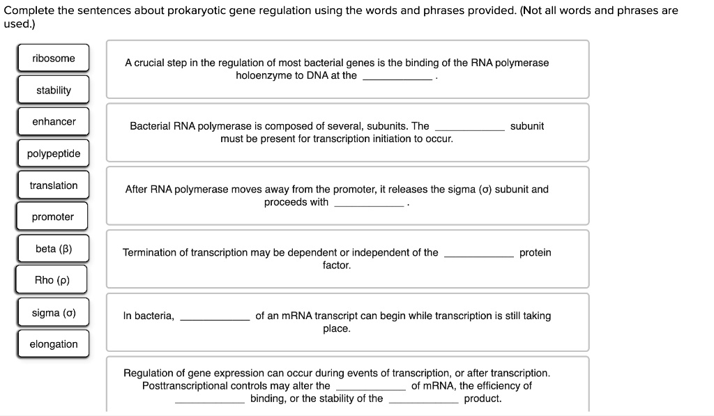 SOLVED: Complete the sentences bout prokaryotic gene regulation using ...