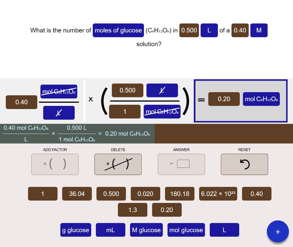 What Is The Number Of Moles Of Glucose C6H12O6 In 0 500 L Of A 0 40 M what-is-the-number-of-moles-of-glucose-c6h12o6-in-0-500-l-of-a-0-40-m
