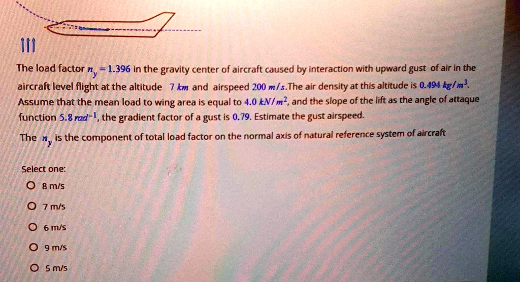 SOLVED: The load factor n = 1.396 in the gravity center of the aircraft ...