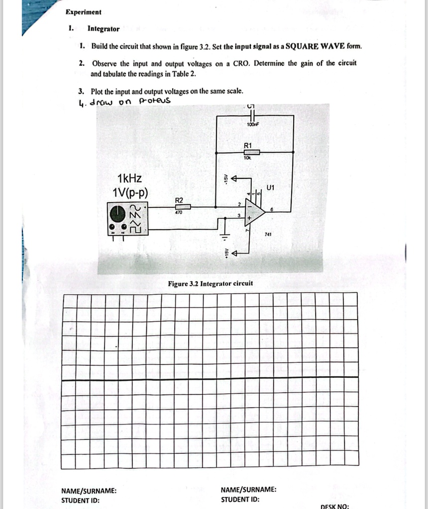 experiment integrator build the circuit that is shown in figure 32 set the input signal as a ...
