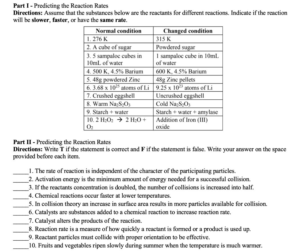 Part I - Predicting the Reaction Rates Directions: Assume that the ...
