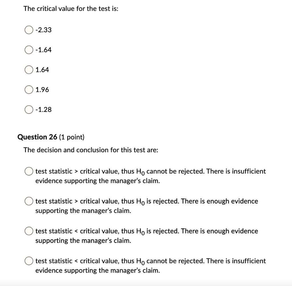 Solved The Critical Value For The Test Is 2 33 1 64 1 64 1 96 1 28 Question 26 1 Point The